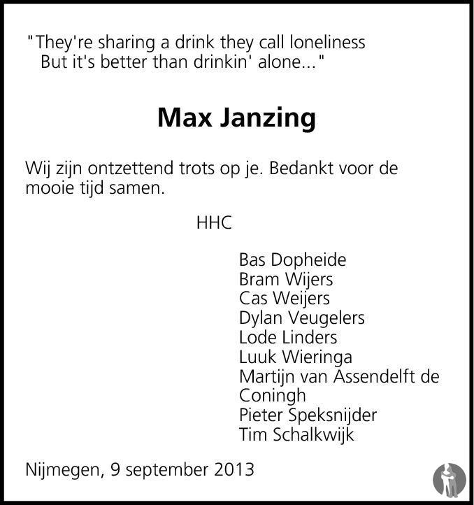 Max Janzing 09-09-2013 overlijdensbericht en condoleances - Mensenlinq.nl