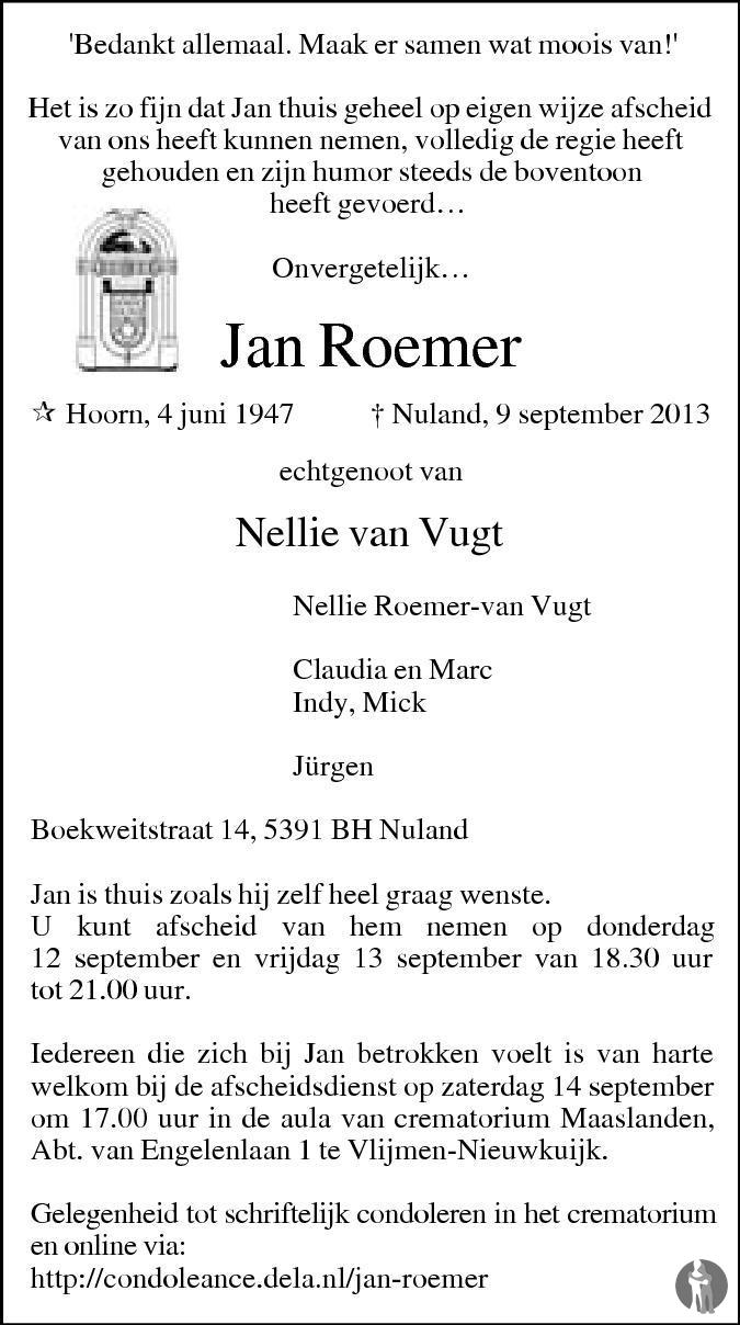 Jan Roemer 09-09-2013 overlijdensbericht en condoleances - Mensenlinq.nl