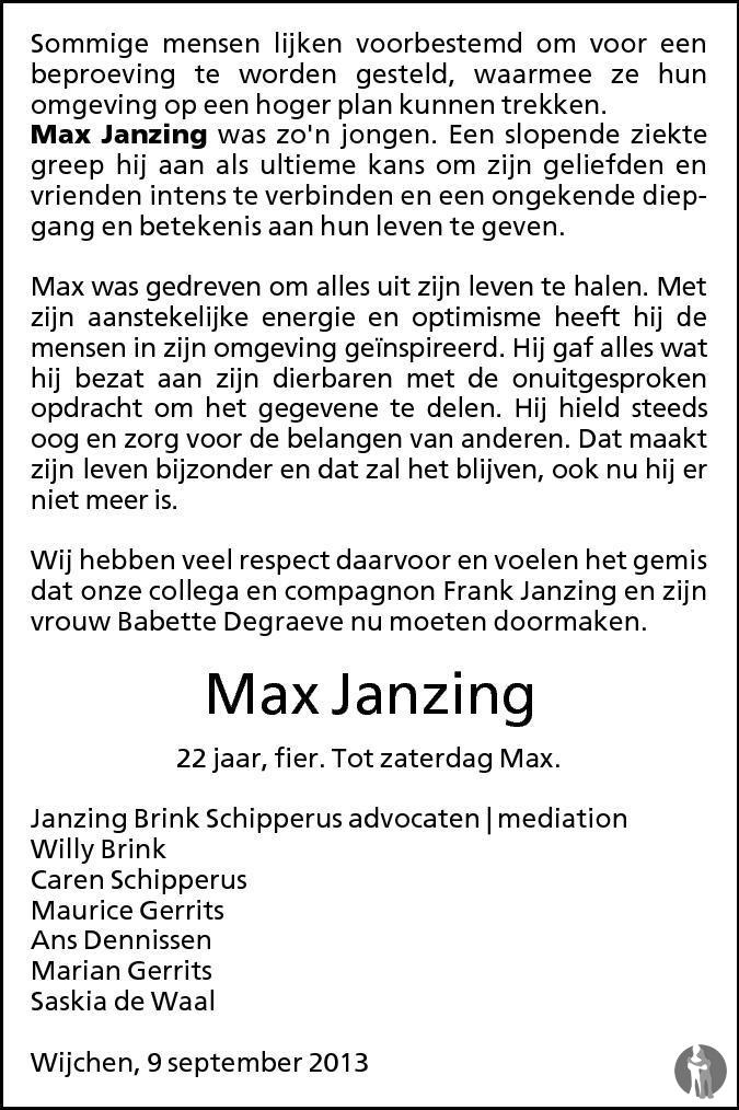 Max Janzing 09-09-2013 overlijdensbericht en condoleances - Mensenlinq.nl