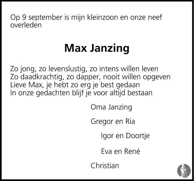 Max Janzing 09-09-2013 overlijdensbericht en condoleances - Mensenlinq.nl