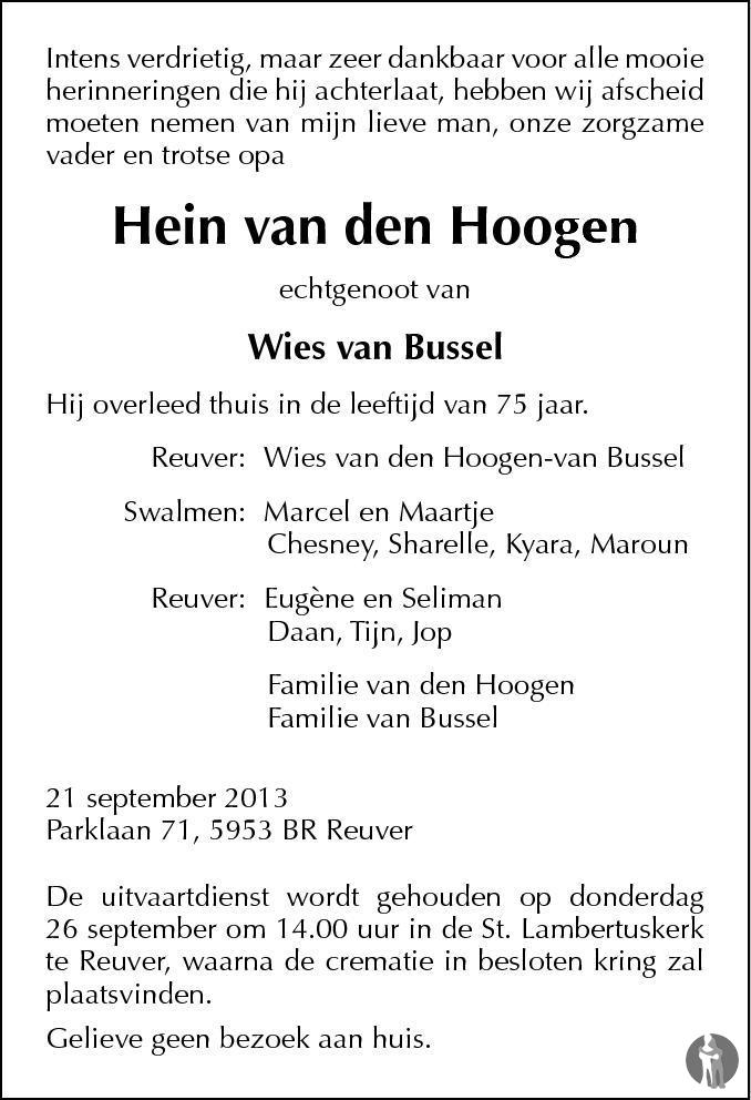Hein van den Hoogen 21-09-2013 overlijdensbericht en condoleances ... Hein van den Hoogen 21-09-2013 overlijdensbericht en condoleances ...