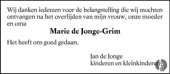 Marie de Jonge - Grim 13-08-2013 overlijdensbericht en condoleances ...