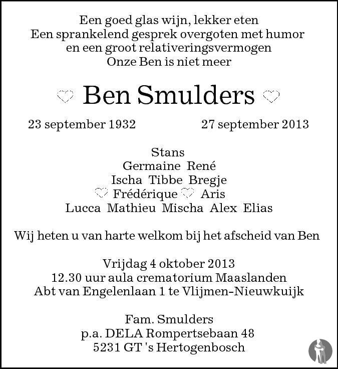 Ben Smulders 27-09-2013 overlijdensbericht en condoleances - Mensenlinq.nl