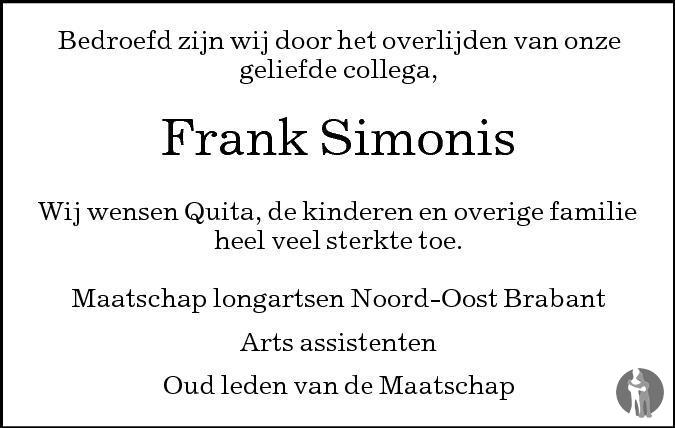 Franciscus Sophinus Maria (Frank) Simonis 05-10-2013 overlijdensbericht ...
