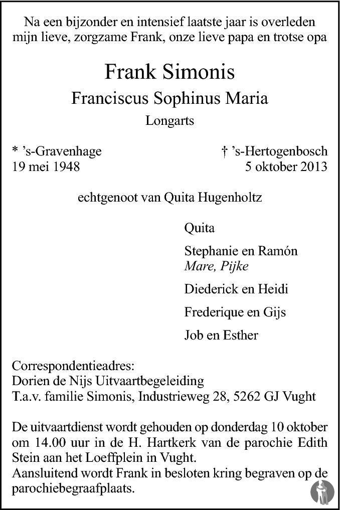 Franciscus Sophinus Maria (Frank) Simonis 05-10-2013 overlijdensbericht ...