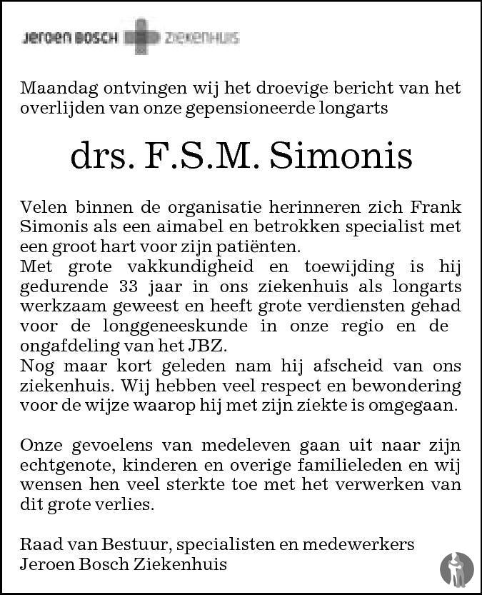 Franciscus Sophinus Maria (Frank) Simonis 05-10-2013 overlijdensbericht ...