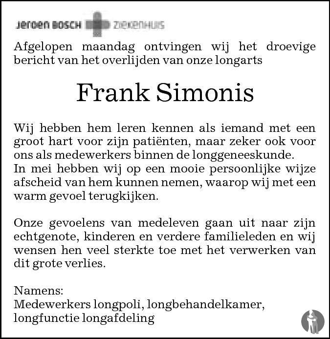 Franciscus Sophinus Maria (Frank) Simonis 05-10-2013 overlijdensbericht ...