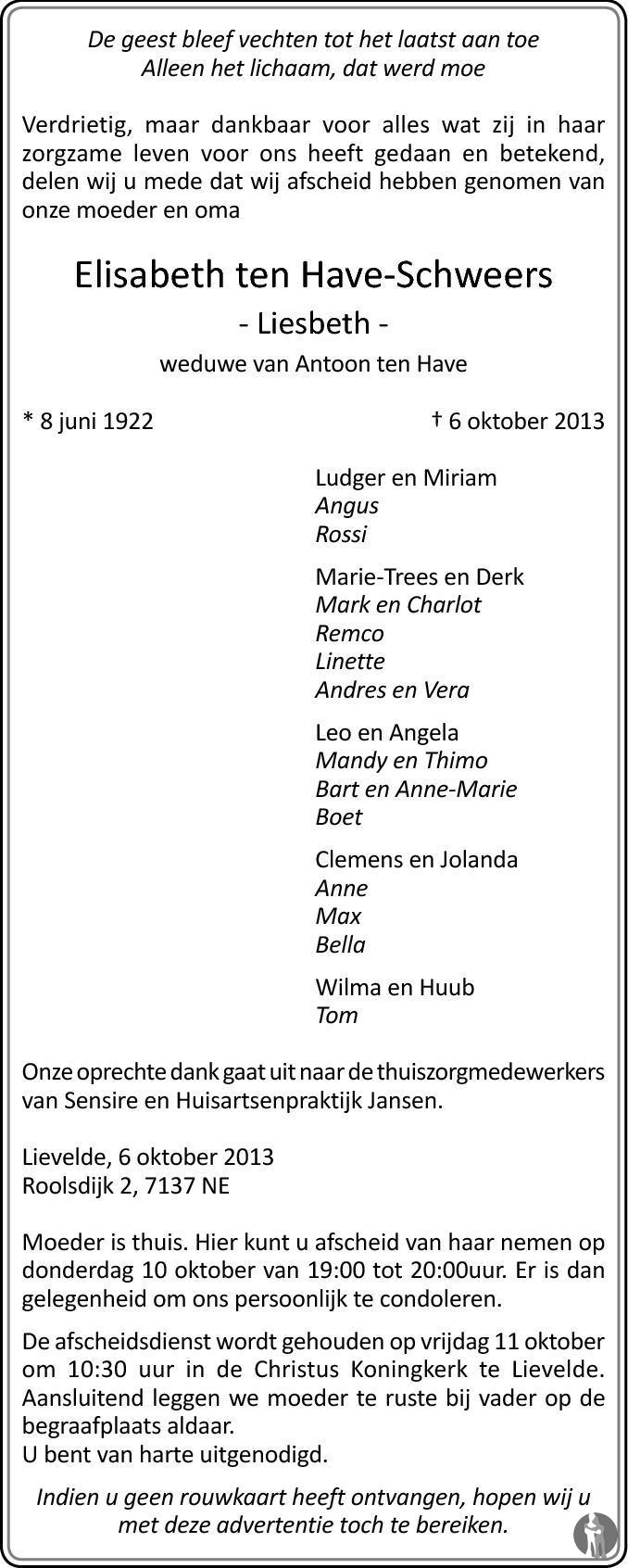 Elisabeth (Liesbeth) ten Have - Schweers 06-10-2013 overlijdensbericht ...