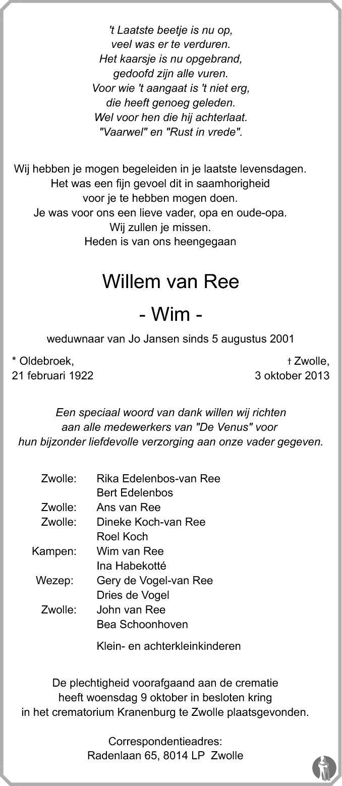 Willem (Wim) van Ree 03-10-2013 overlijdensbericht en condoleances ...
