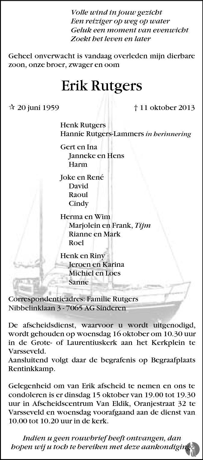 Erik Rutgers 11-10-2013 overlijdensbericht en condoleances - Mensenlinq.nl