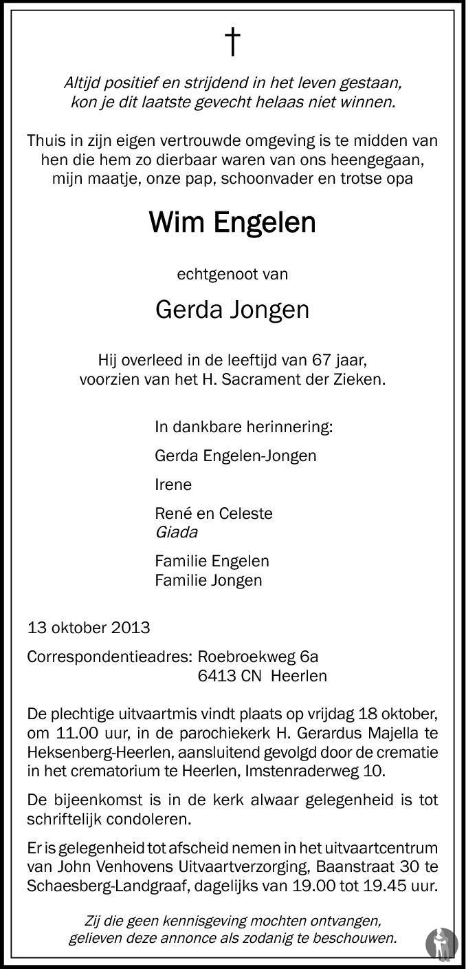 Wim Engelen 13-10-2013 overlijdensbericht en condoleances - Mensenlinq.nl