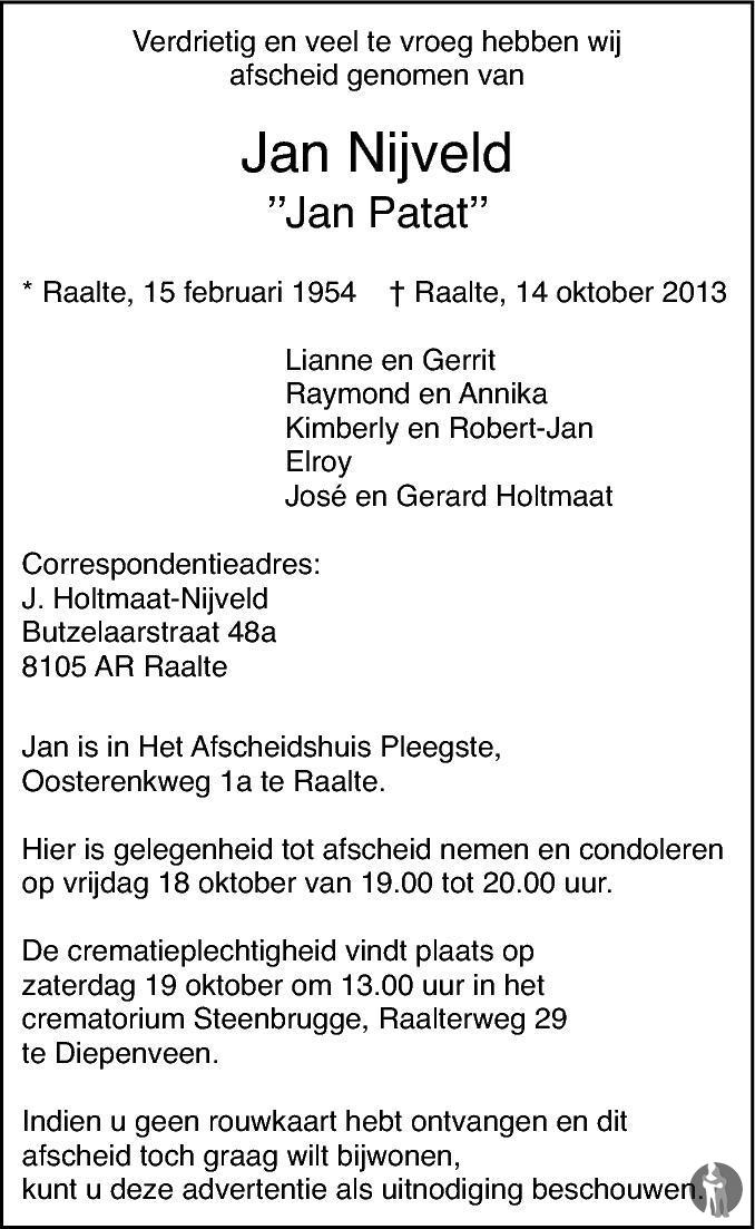 Jan (Jan Patat) Nijveld 14-10-2013 overlijdensbericht en condoleances ...