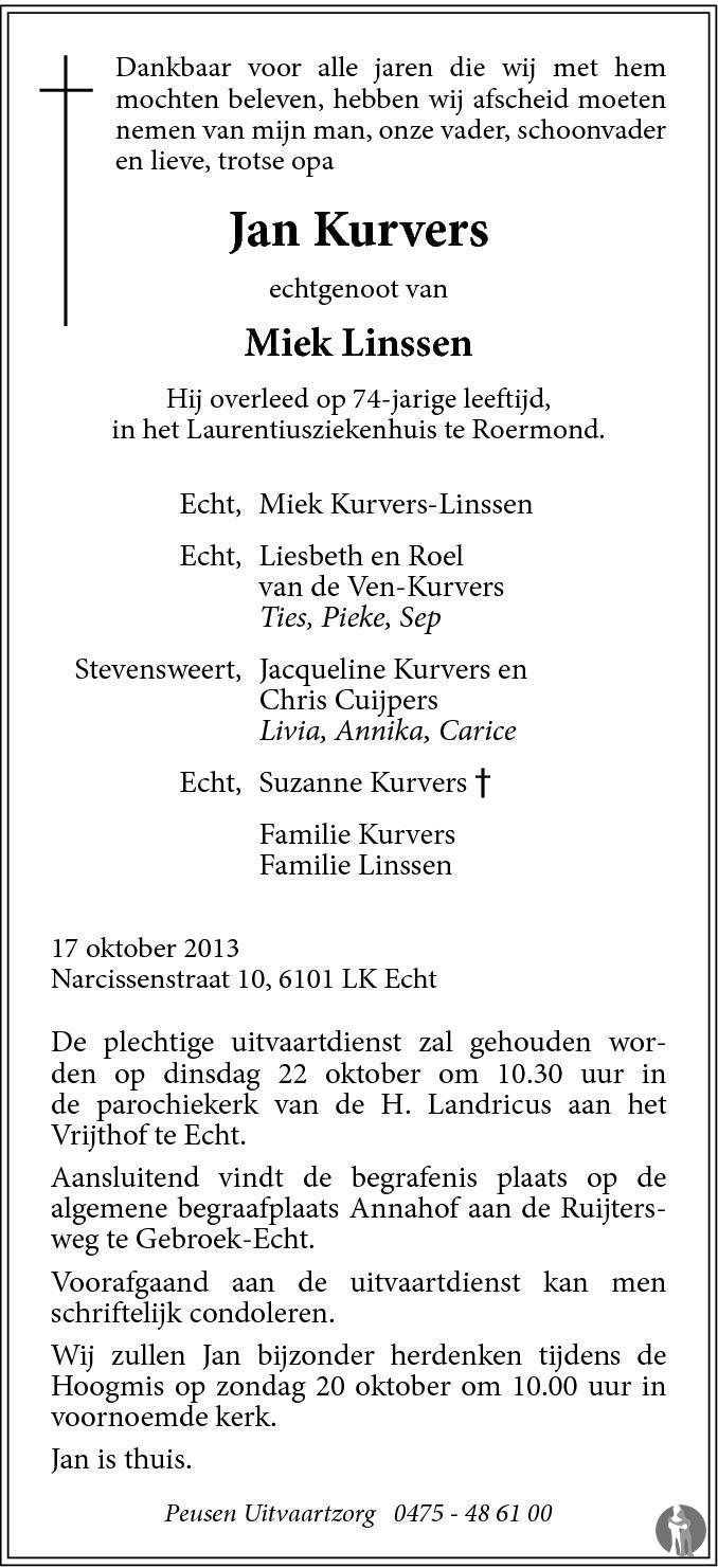 Jan Kurvers 17-10-2013 overlijdensbericht en condoleances - Mensenlinq.nl
