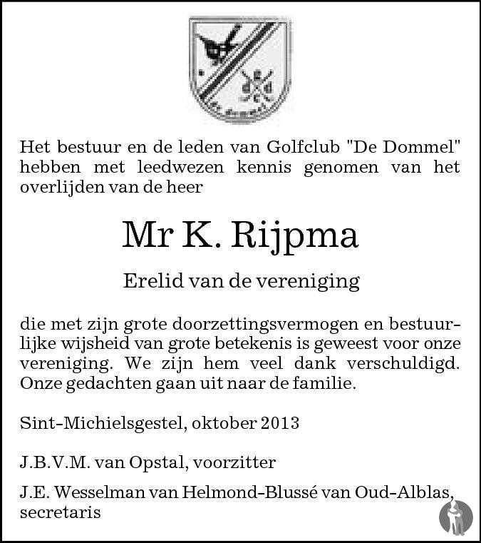 Mr. K. Rijpma 23-10-2013 overlijdensbericht en condoleances - Mensenlinq.nl