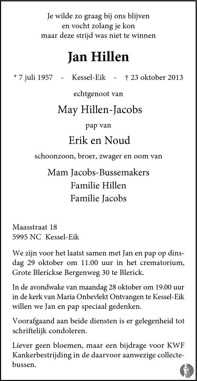 Jan Hillen 23-10-2013 overlijdensbericht en condoleances - Mensenlinq.nl