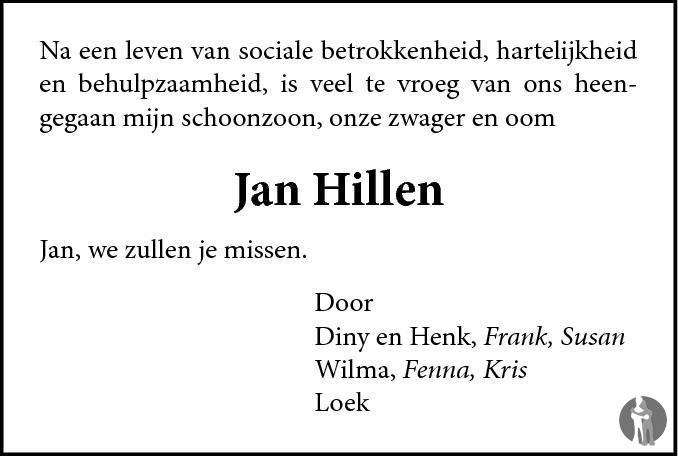 Jan Hillen 23-10-2013 overlijdensbericht en condoleances - Mensenlinq.nl