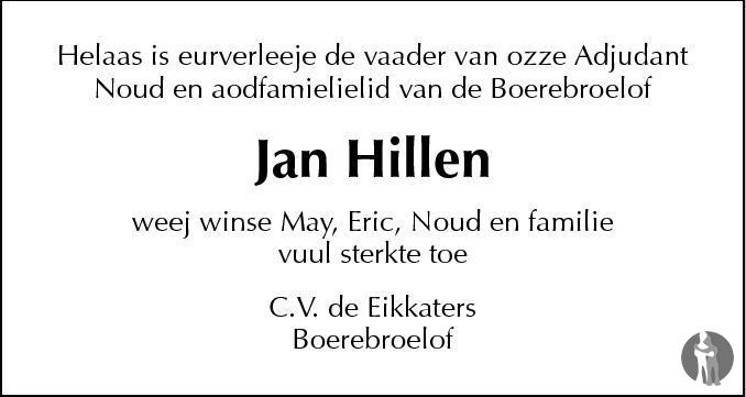 Jan Hillen 23-10-2013 overlijdensbericht en condoleances - Mensenlinq.nl