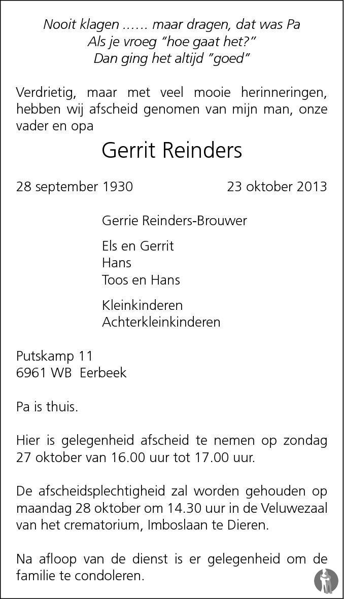 Gerrit Reinders 23-10-2013 overlijdensbericht en condoleances ...