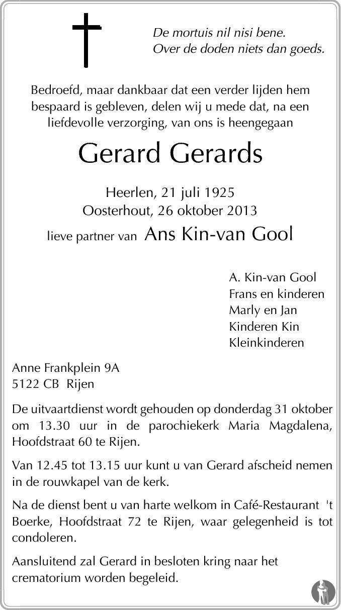 Gerard Gerards 26-10-2013 overlijdensbericht en condoleances ...