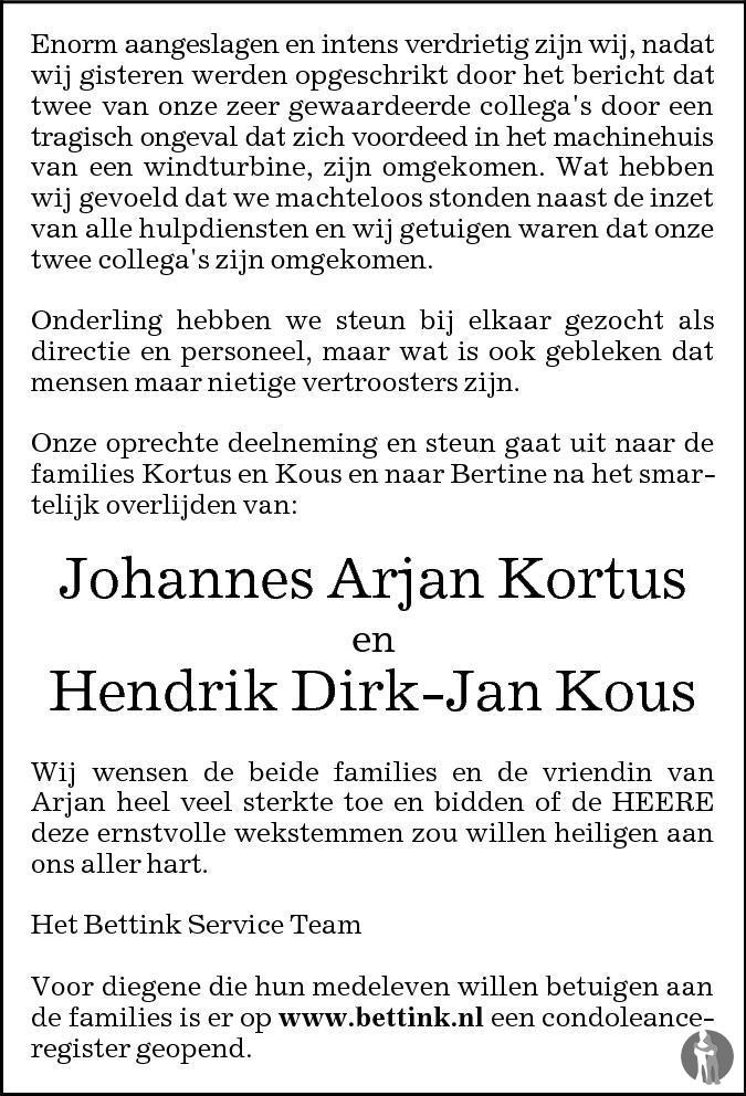 Hendrik Dirk-Jan Kous 30-10-2013 overlijdensbericht en condoleances ...