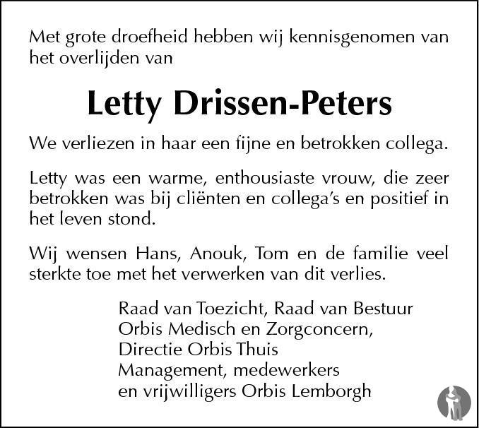 Letty Drissen - Peters 01-11-2013 overlijdensbericht en condoleances ...