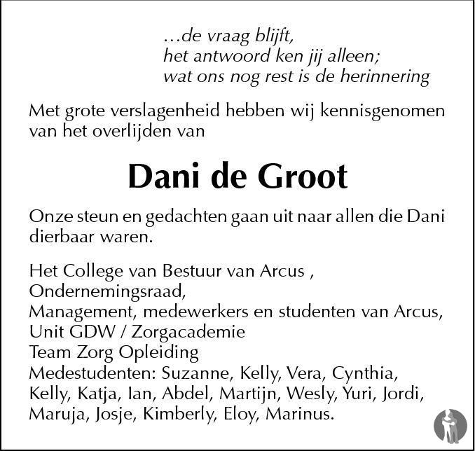 Dani de Groot 06-11-2013 overlijdensbericht en condoleances - Mensenlinq.nl