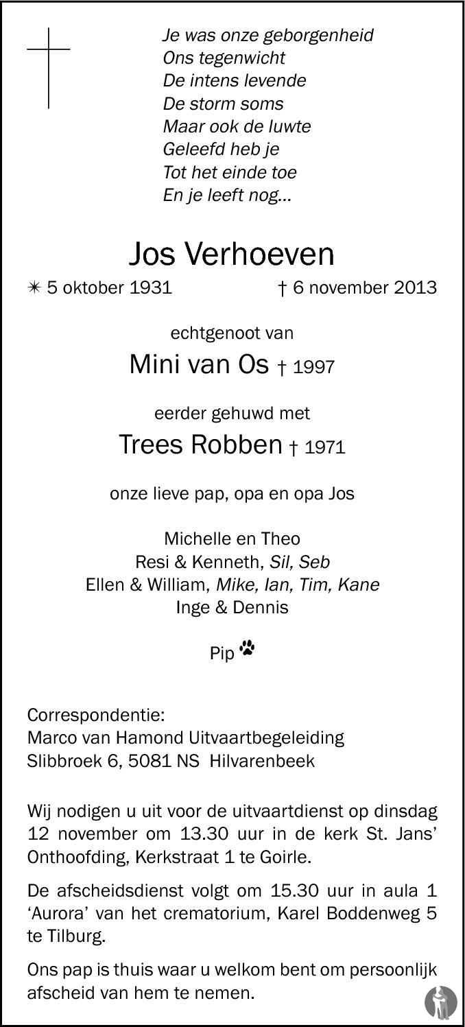 Jos Verhoeven 06-11-2013 overlijdensbericht en condoleances - Mensenlinq.nl