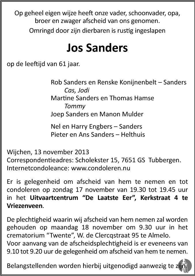 Jos Sanders 13-11-2013 overlijdensbericht en condoleances - Mensenlinq.nl