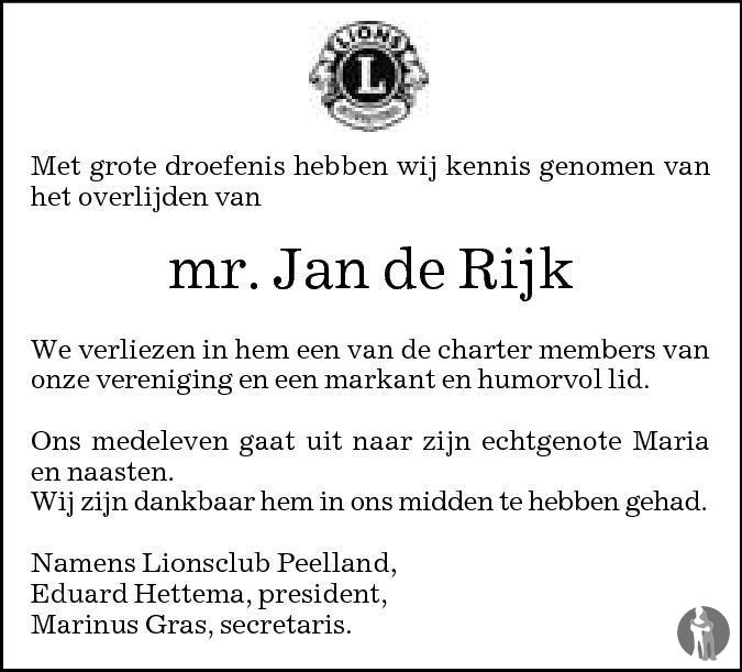 Jan de Rijk 19-11-2013 overlijdensbericht en condoleances - Mensenlinq.nl