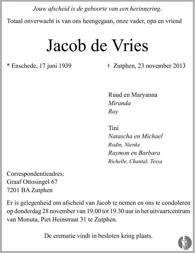 Jacob de Vries 23-11-2013 overlijdensbericht en condoleances ...