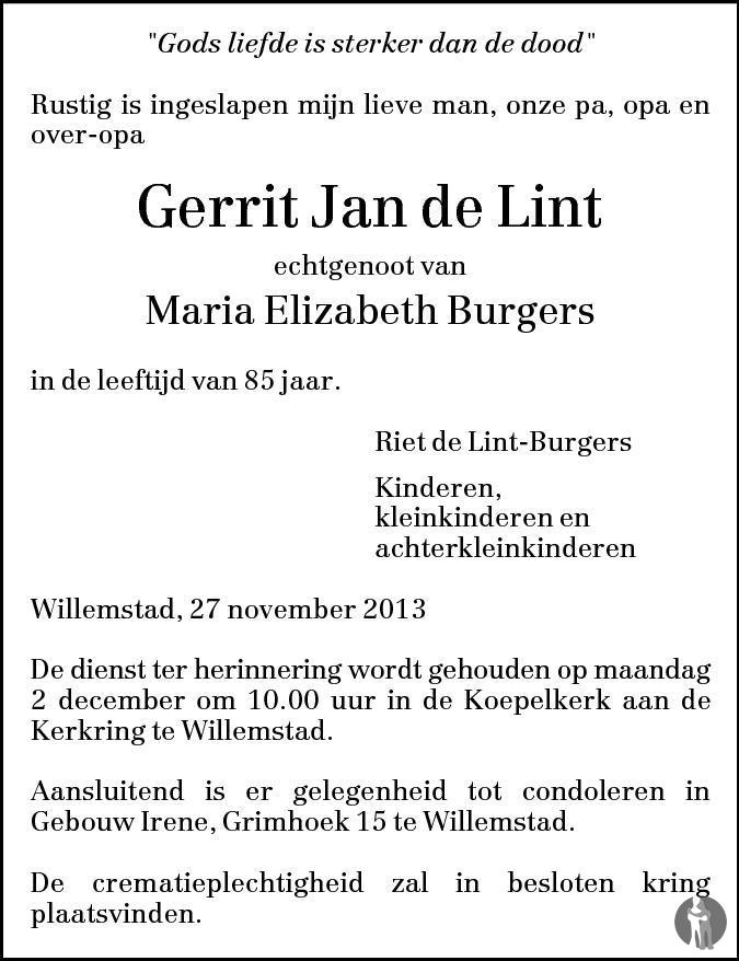 Gerrit Jan de Lint 27-11-2013 overlijdensbericht en condoleances ...