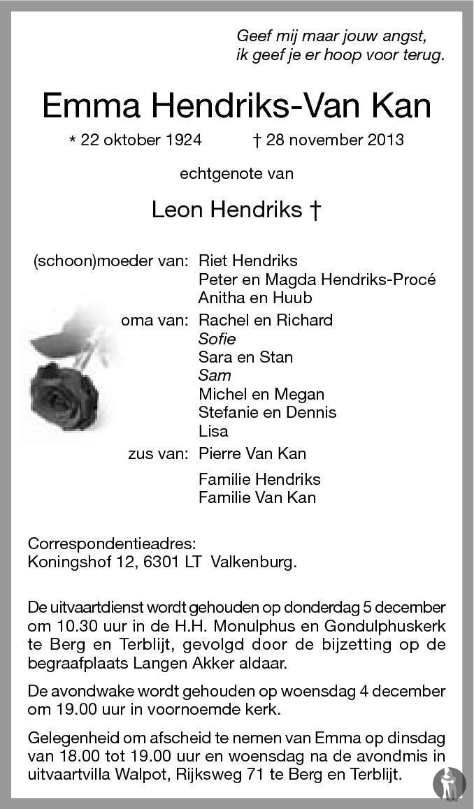 Emma Hendriks - Van Kan 28-11-2013 overlijdensbericht en condoleances ...