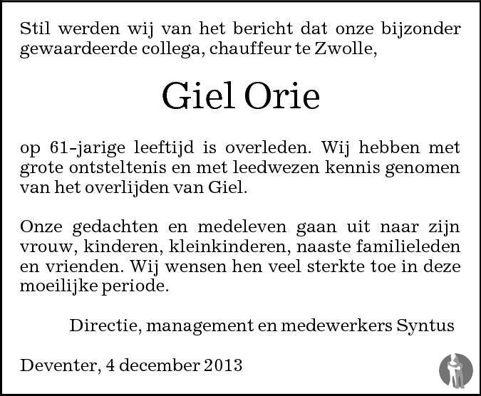 Michäel Arnoldus Maria (Giel) Orie 02-12-2013 overlijdensbericht en ...