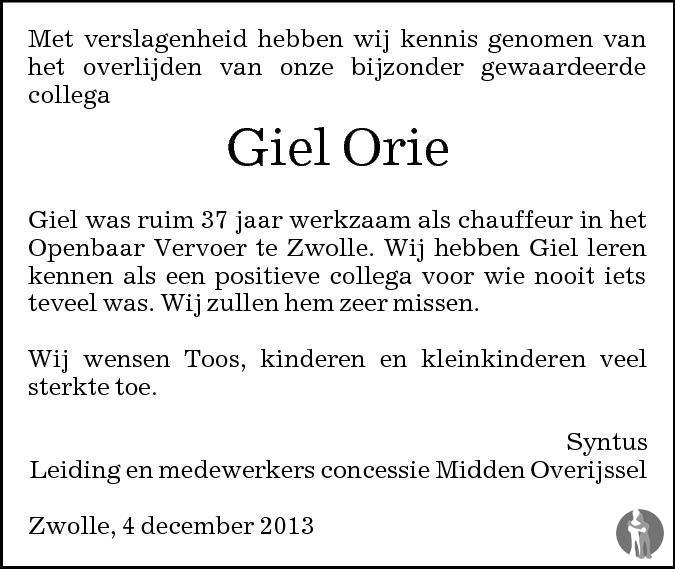 Michäel Arnoldus Maria (Giel) Orie 02-12-2013 overlijdensbericht en ...