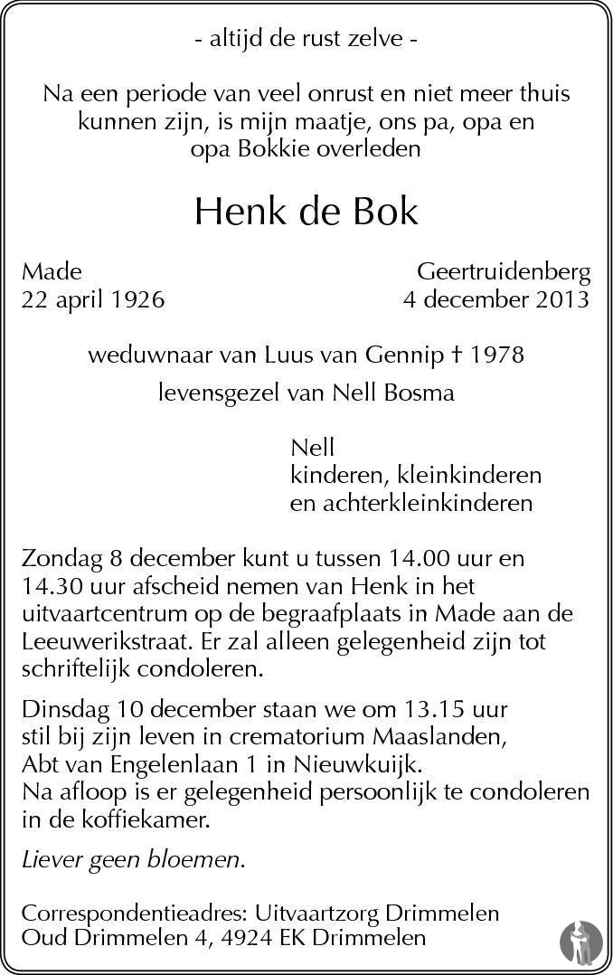 Henk de Bok 04-12-2013 overlijdensbericht en condoleances - Mensenlinq.nl