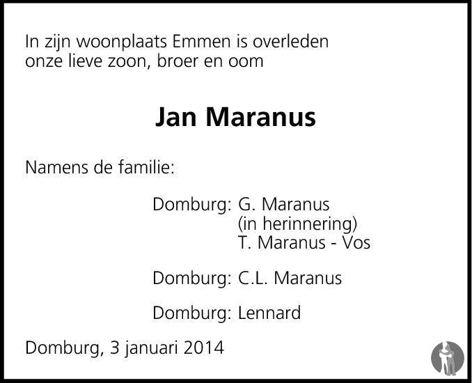 Jan Johannes Maranus 03-01-2014 overlijdensbericht en condoleances ...