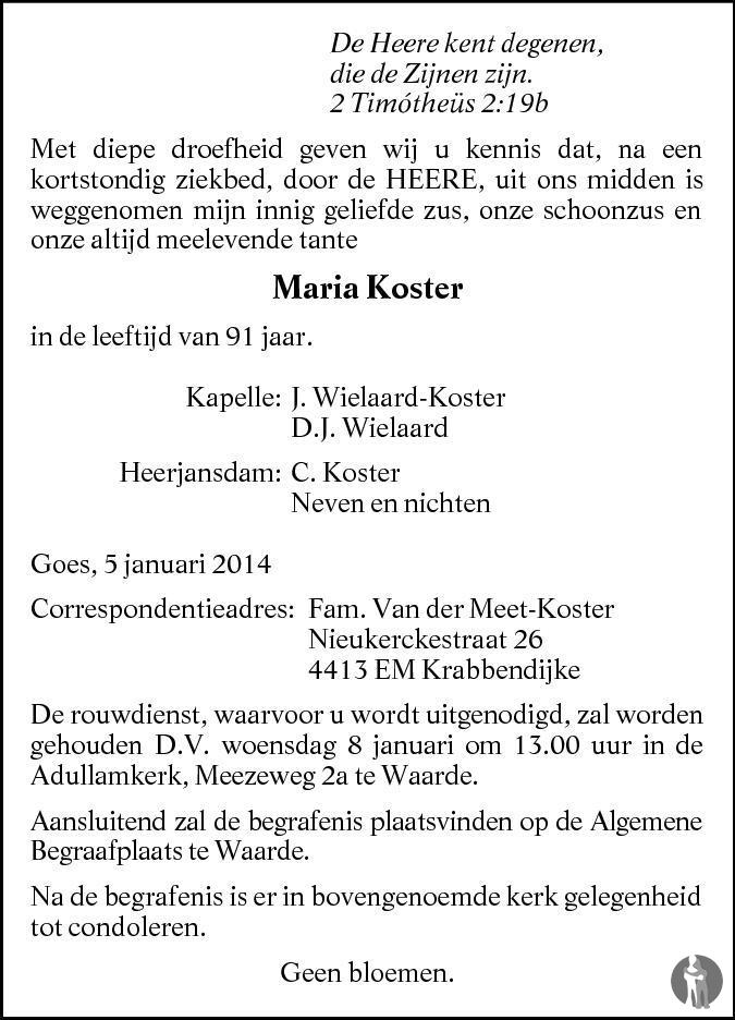 Maria Koster 05-01-2014 overlijdensbericht en condoleances - Mensenlinq.nl