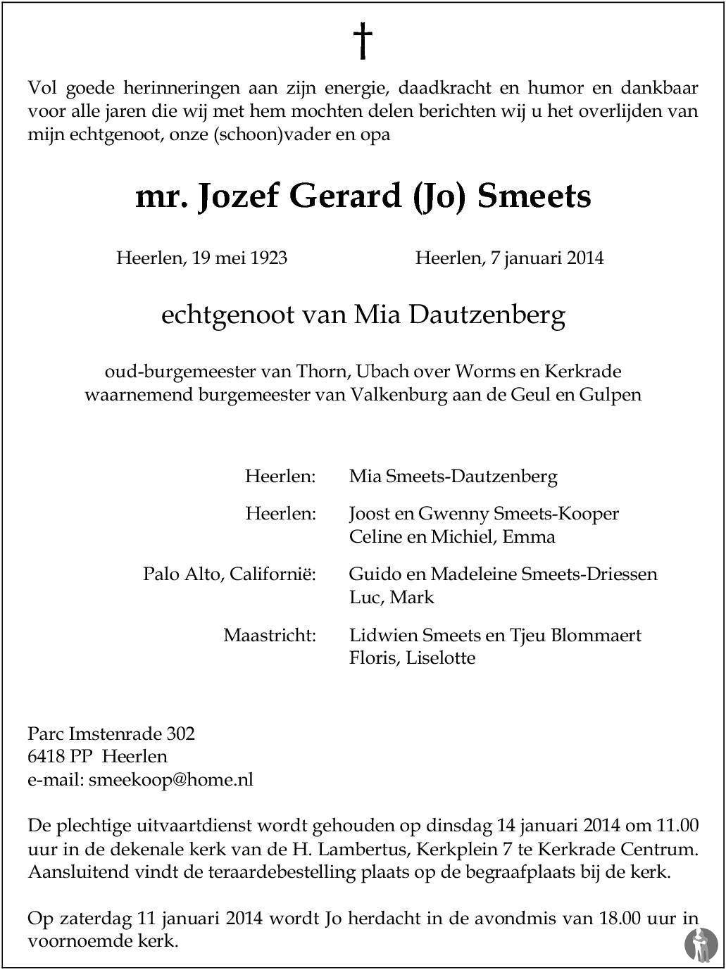mr. Jozef Gerard (Jo) Smeets 07-01-2014 overlijdensbericht en ...