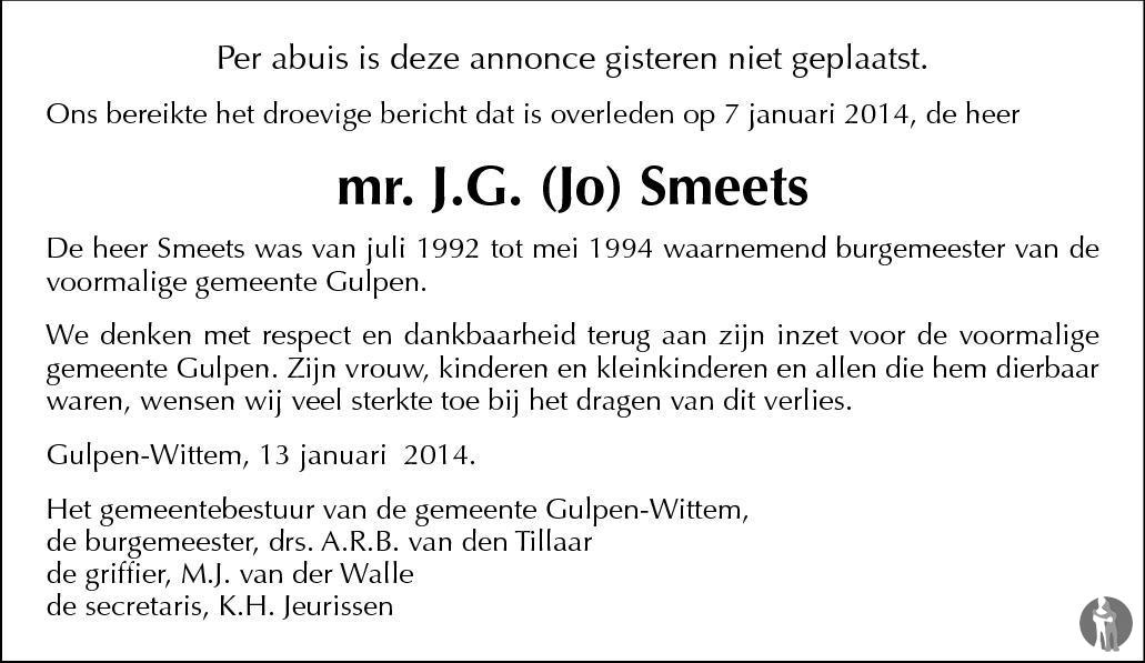 mr. Jozef Gerard (Jo) Smeets 07-01-2014 overlijdensbericht en ...
