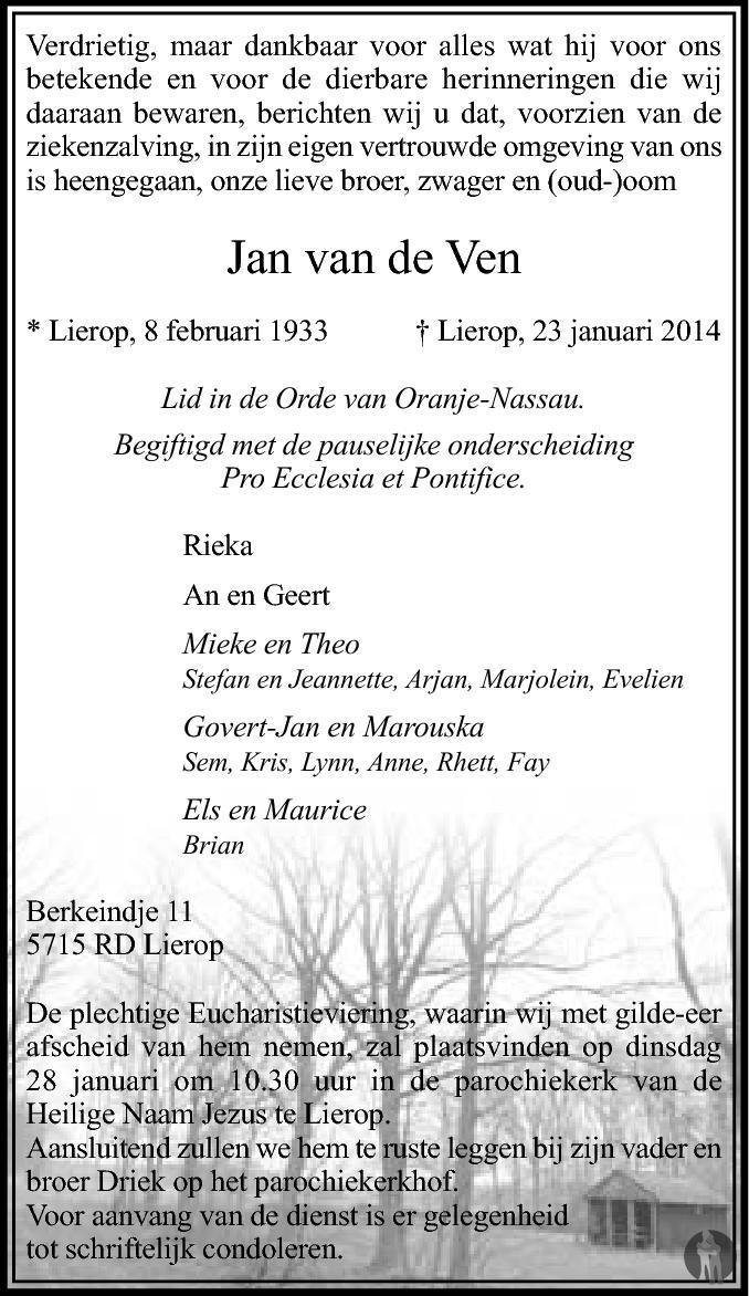 Jan van de Ven 23-01-2014 overlijdensbericht en condoleances ...