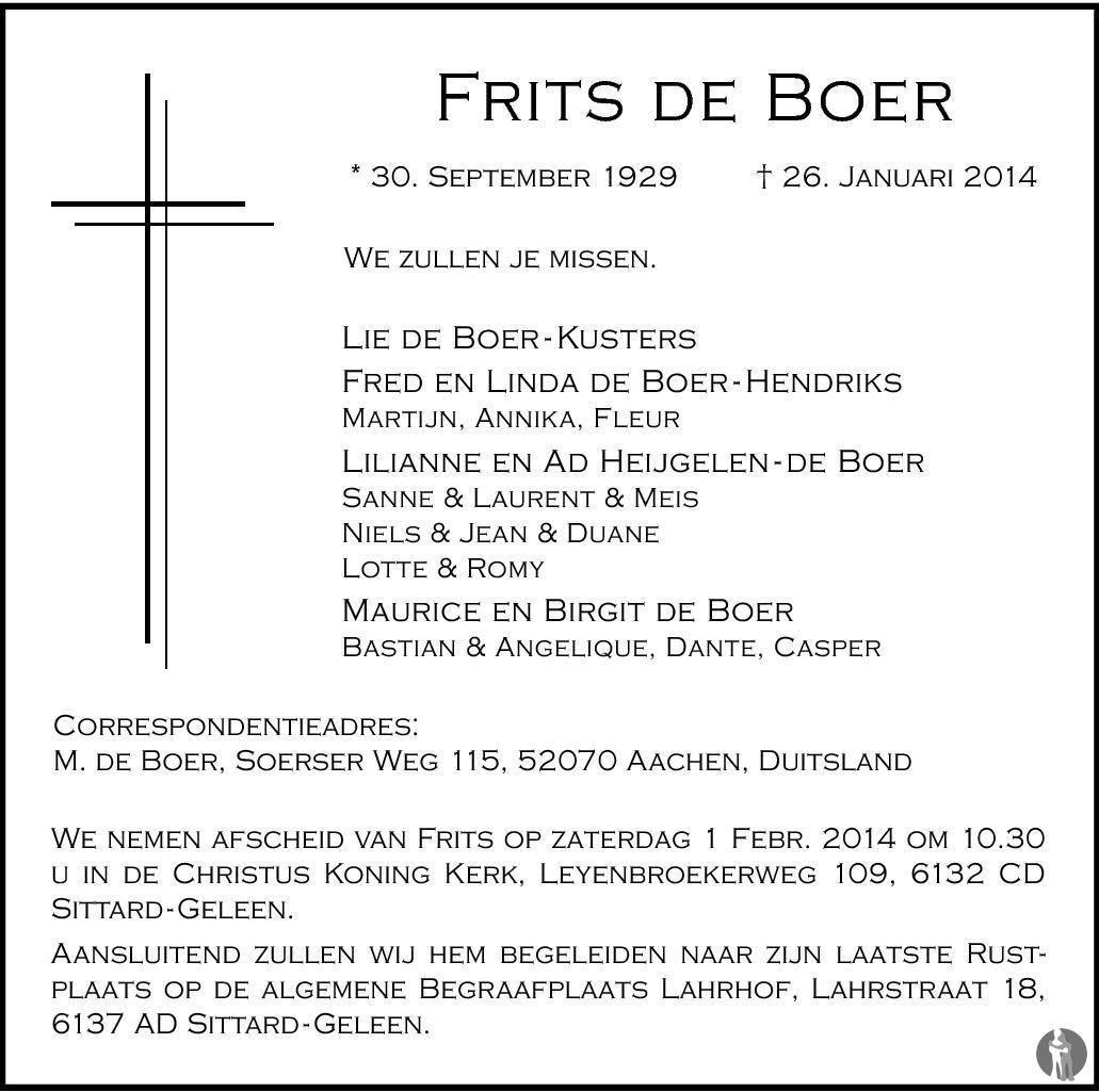 Frits de Boer 26-01-2014 overlijdensbericht en condoleances - Mensenlinq.nl