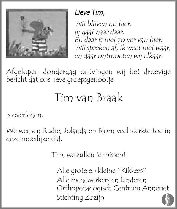 Tim van Braak 02-02-2014 overlijdensbericht en condoleances - Mensenlinq.nl