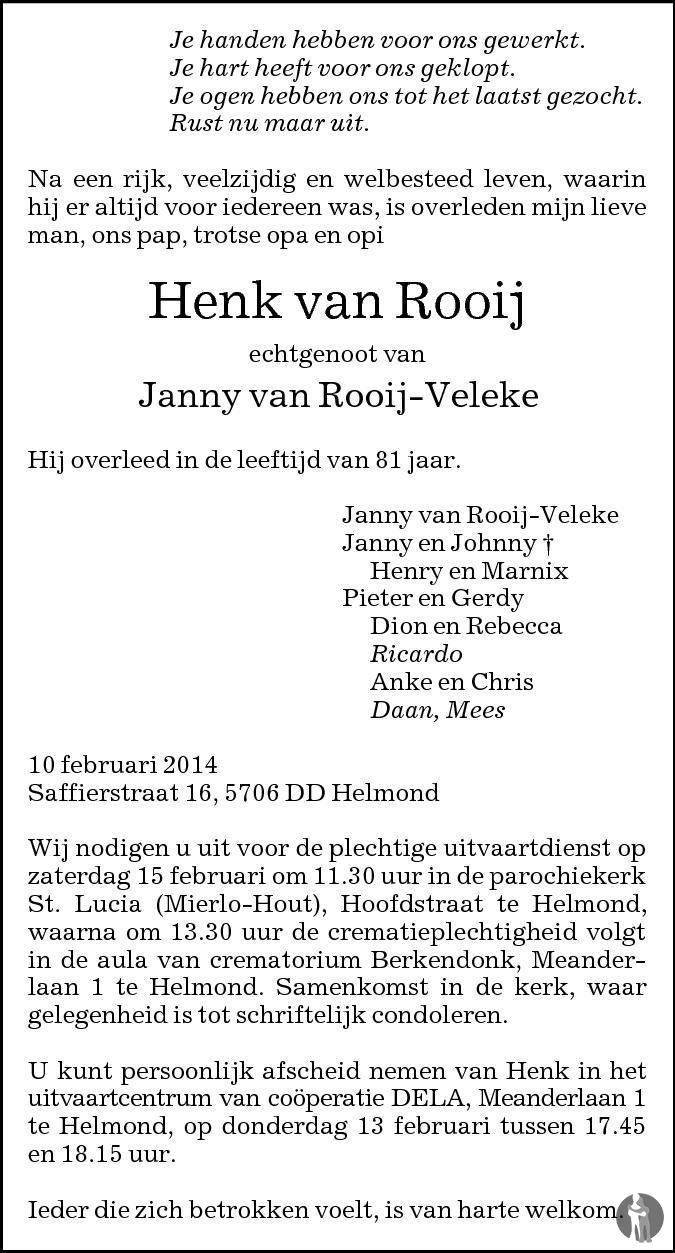 Henk van Rooij 10-02-2014 overlijdensbericht en condoleances ...