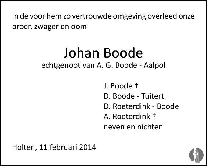 Johan Boode 11-02-2014 overlijdensbericht en condoleances - Mensenlinq.nl