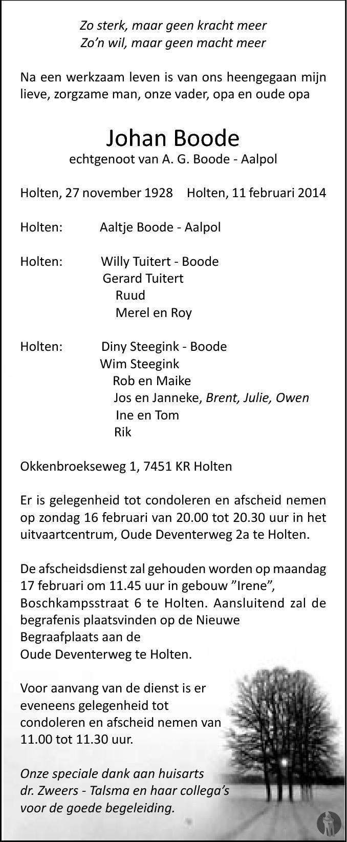 Johan Boode 11-02-2014 overlijdensbericht en condoleances - Mensenlinq.nl