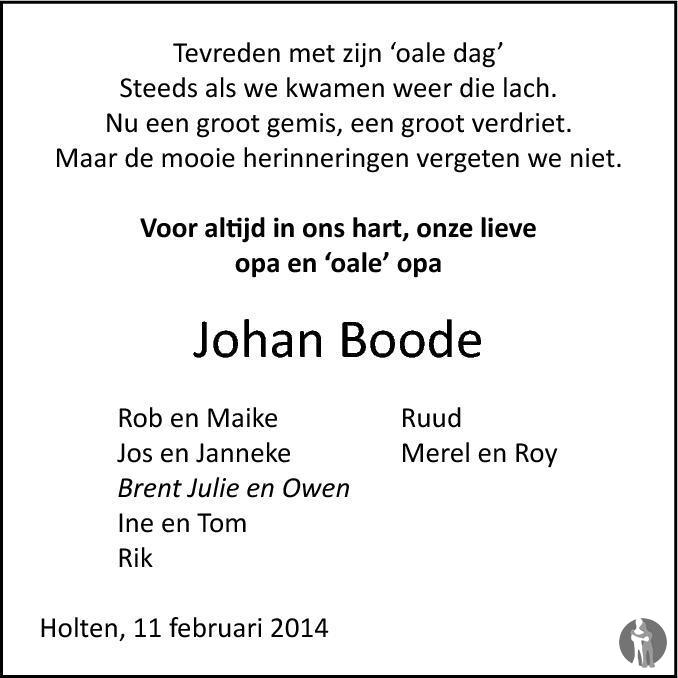 Johan Boode 11-02-2014 overlijdensbericht en condoleances - Mensenlinq.nl