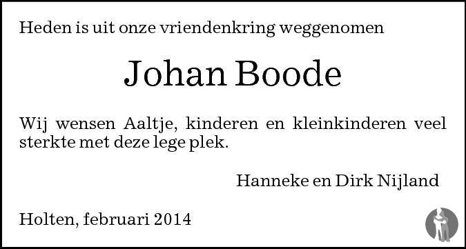 Johan Boode 11-02-2014 overlijdensbericht en condoleances - Mensenlinq.nl