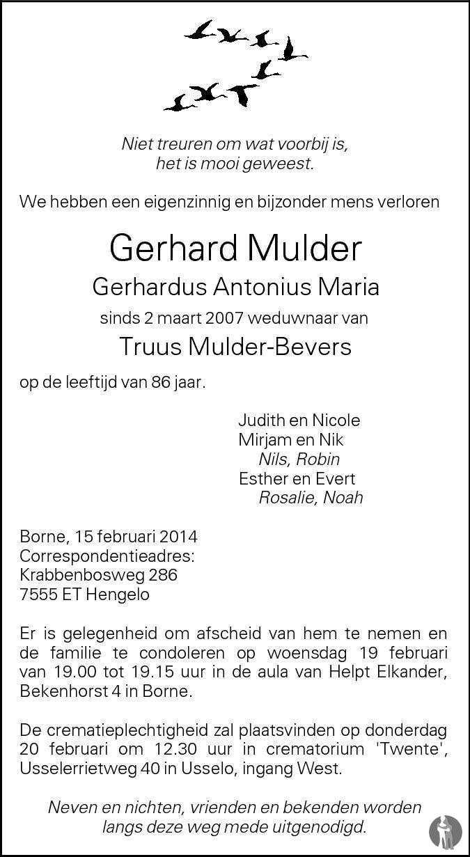 Gerhardus Antonius Maria (Gerhard) Mulder 15-02-2014 overlijdensbericht ...