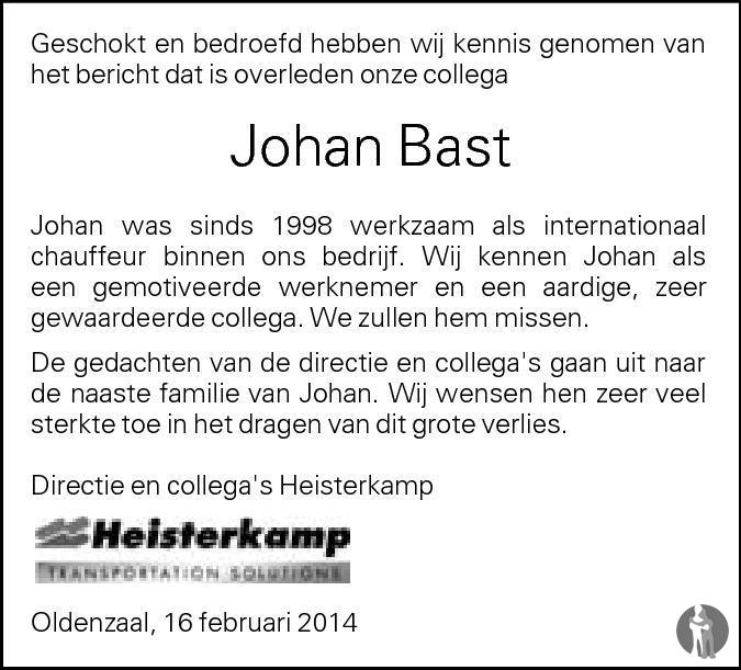 Johan Bast 19-02-2014 overlijdensbericht en condoleances - Mensenlinq.nl