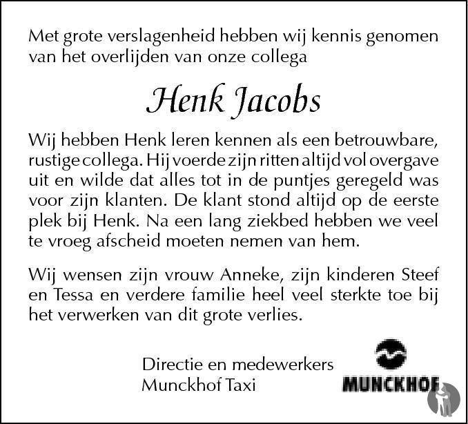 Henk Jacobs 02-03-2014 overlijdensbericht en condoleances - Mensenlinq.nl